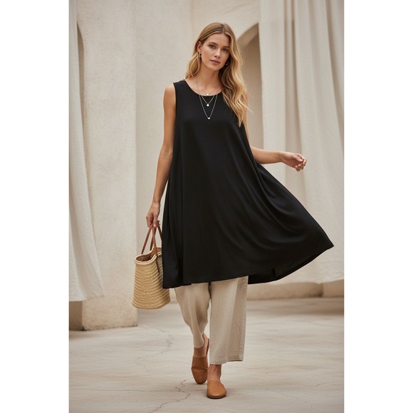 Sun Kim | Tops | Sun Kim Lagenlook Black Swing Tunic Dress L Sleeveless ...